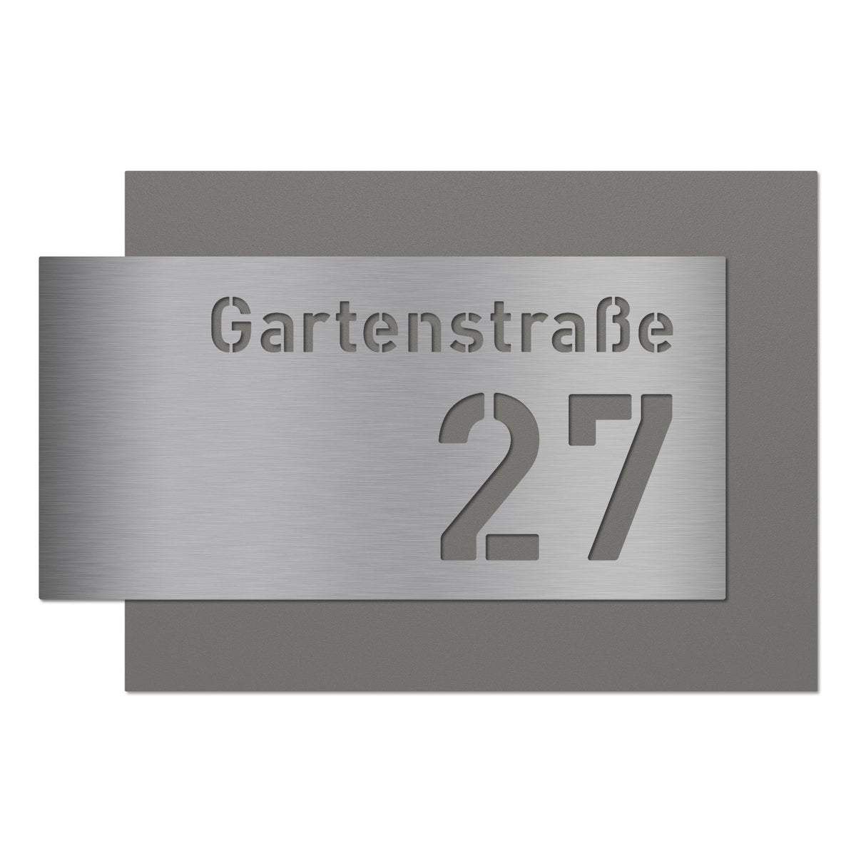 Edelstahl-Hausnummer mit Straße, mit 3D Effekt, Rückplatte pulverbesch ...